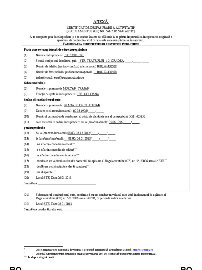 Adeverinta Concediu PT Soferi Tir Tip Arr Romana | PDF