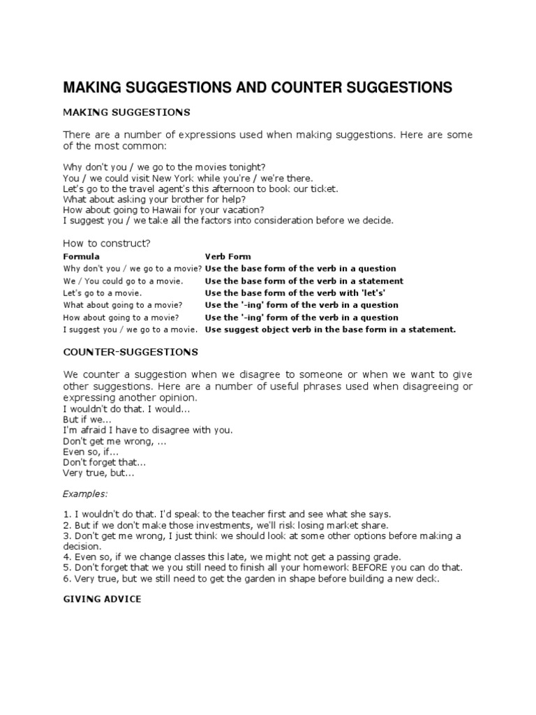 Making Suggestions and Counter Suggestions | PDF | Question | Verb