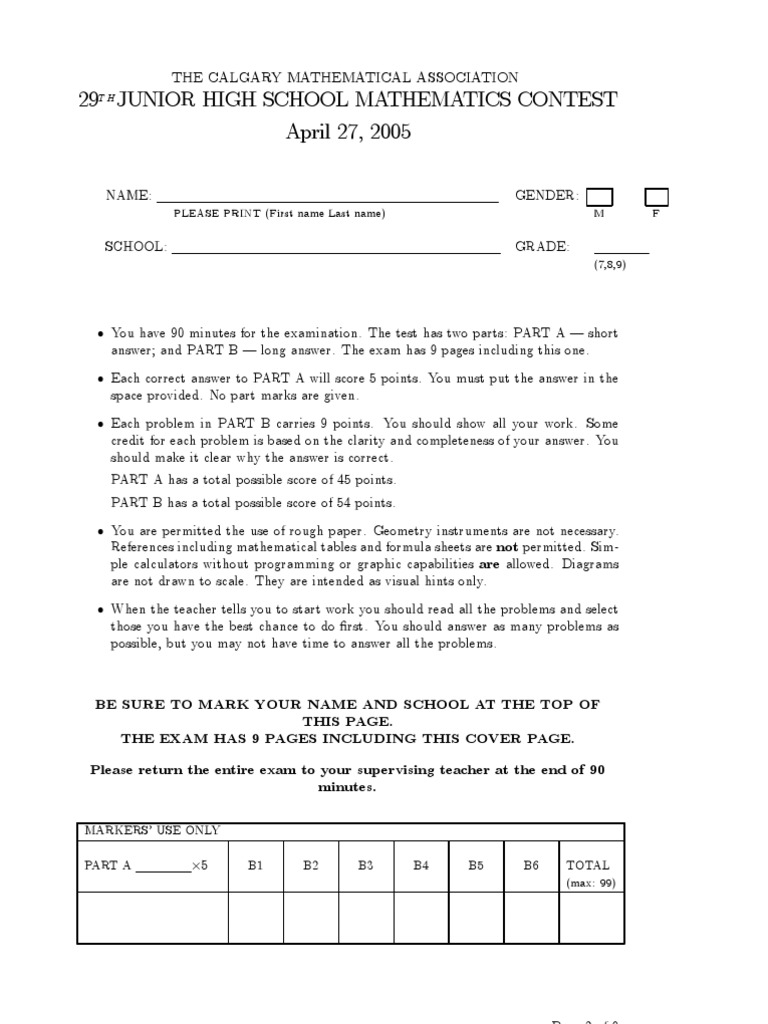 Calgary Junior High Math Contest 2005 | PDF | Geometry | Teaching ...