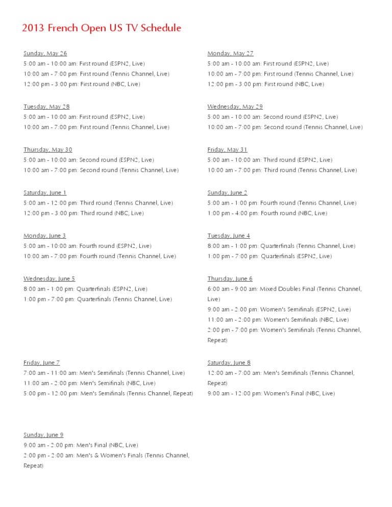 2013 French Open US TV Schedule | PDF