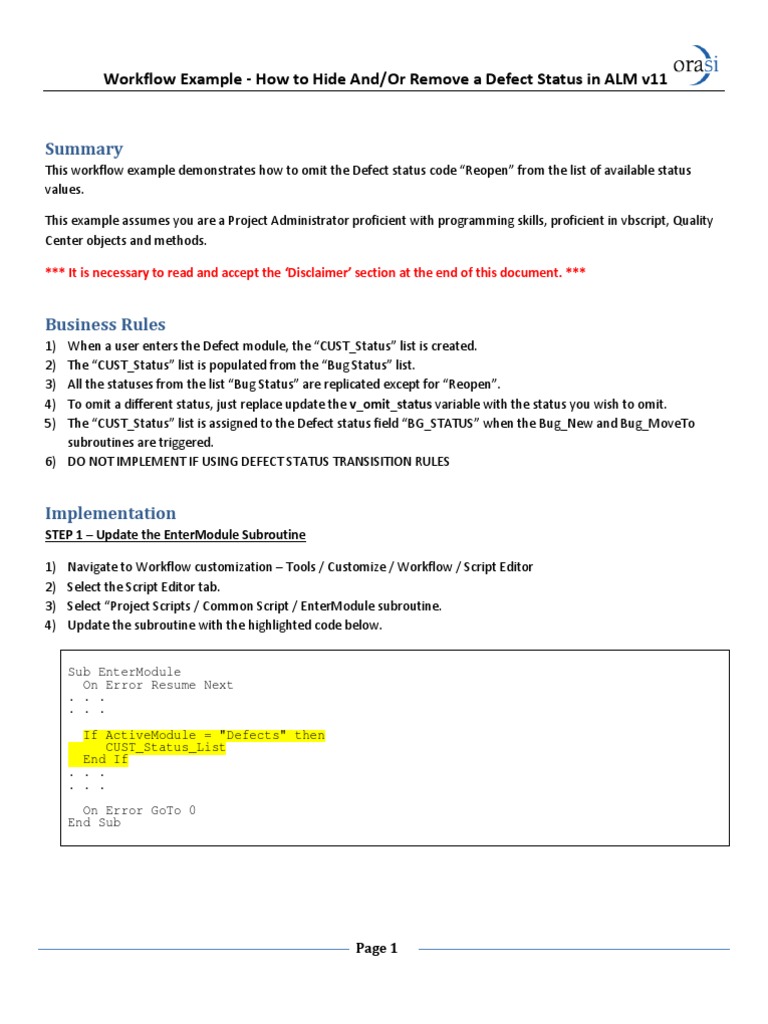 Workflow Example - How To Hide AndOr Remove A Defect Status in ALM v11 ...