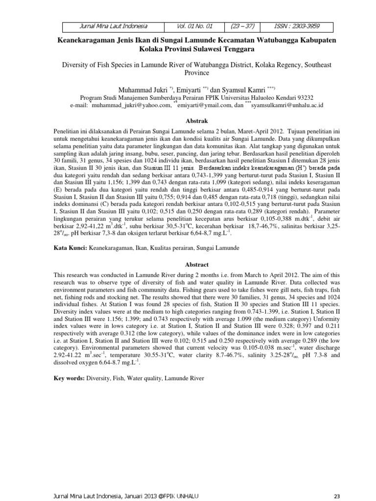 Jukri, DKK (2013), Keanekaragaman Jenis Ikan Di Sungai Lamunde, Urnal Mina Laut Indonesia | PDF