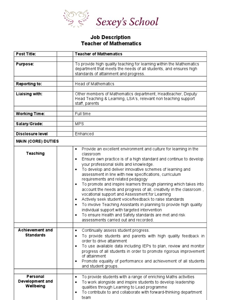 Job Description Teacher of Mathematics | PDF | Teachers | Employment