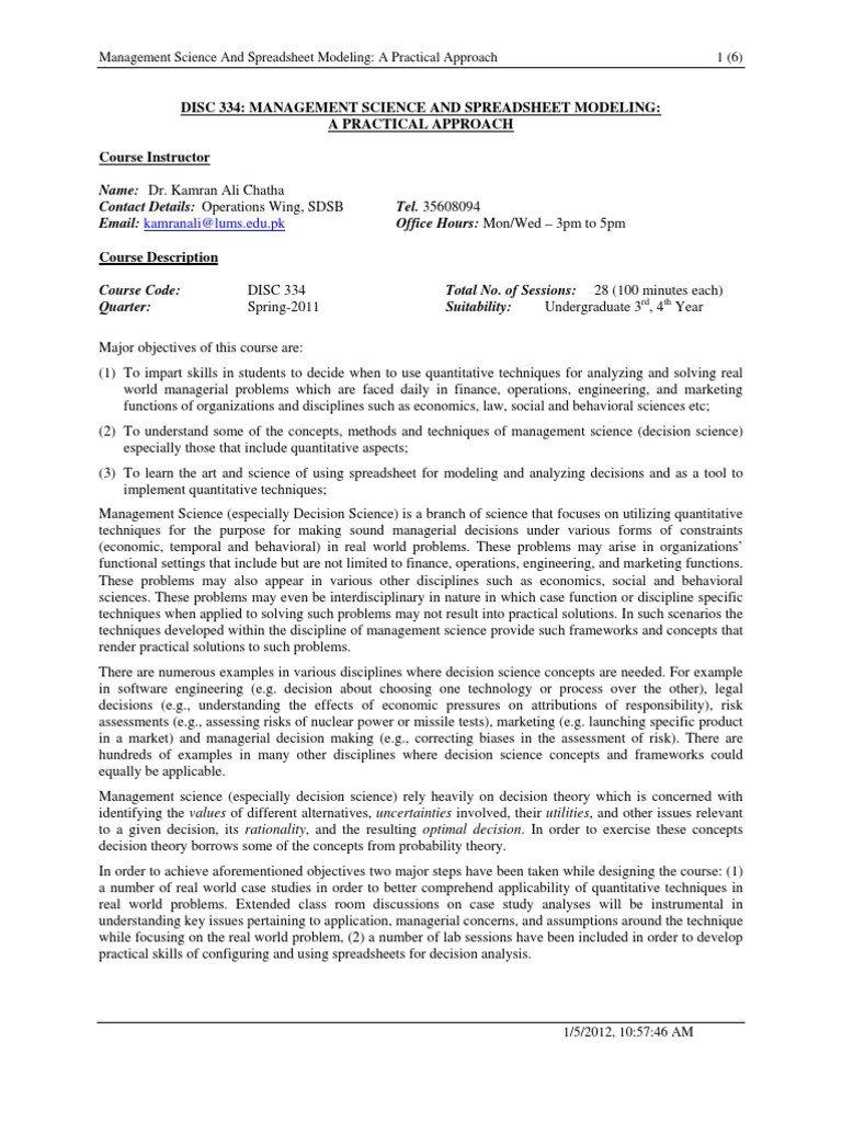 DISC 334-Management Science and Spreadsheet Modeling A Practical ...