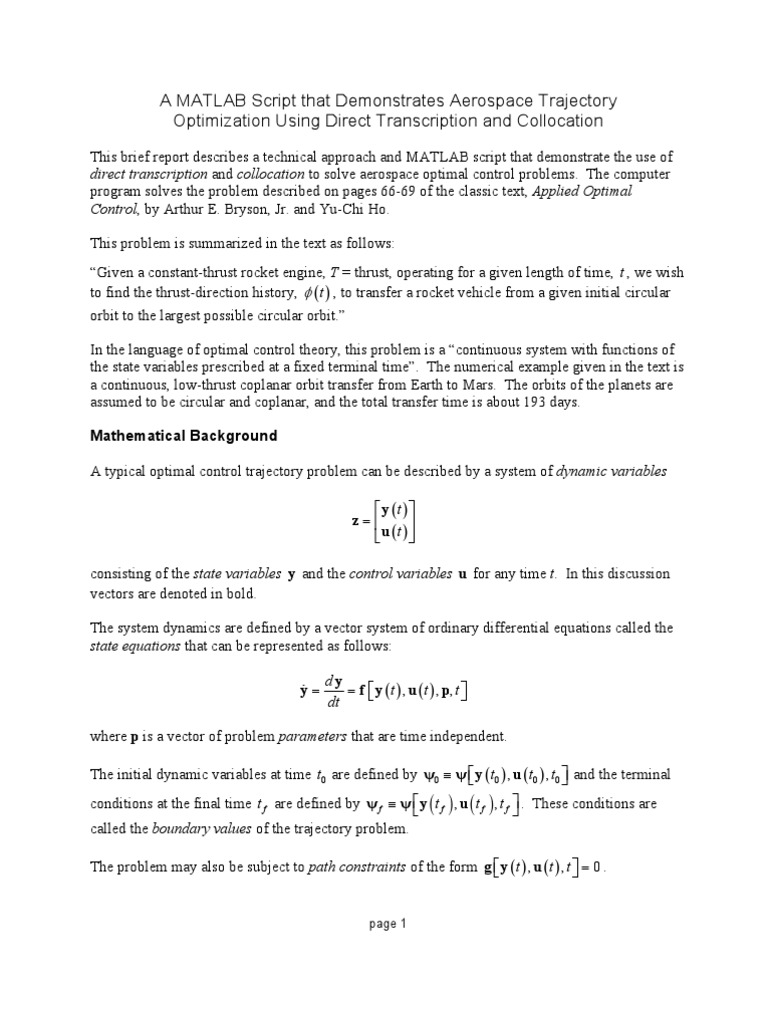 A Matlab Script That Demonstrates Aerospace Trajectory Optimization Using Direct Transcription