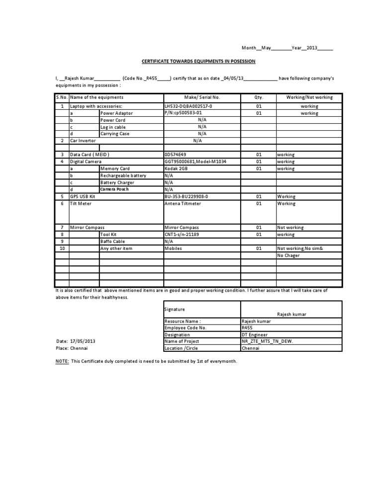 Equipment Certification Report - May 2013 | PDF