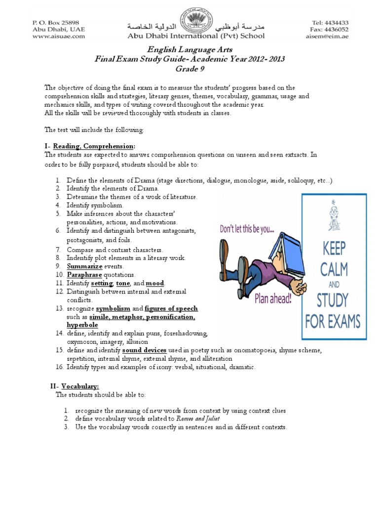 English Language Arts Final Exam Study Guide-Academic Year 2012 - 2013 ...