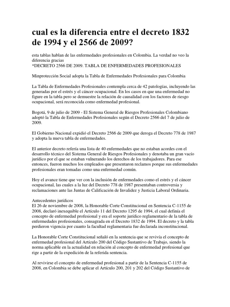 Cual Es La Diferencia Entre El Decreto 1832 de 1994 y El 2566 de 2009 | PDF | Colombia ...