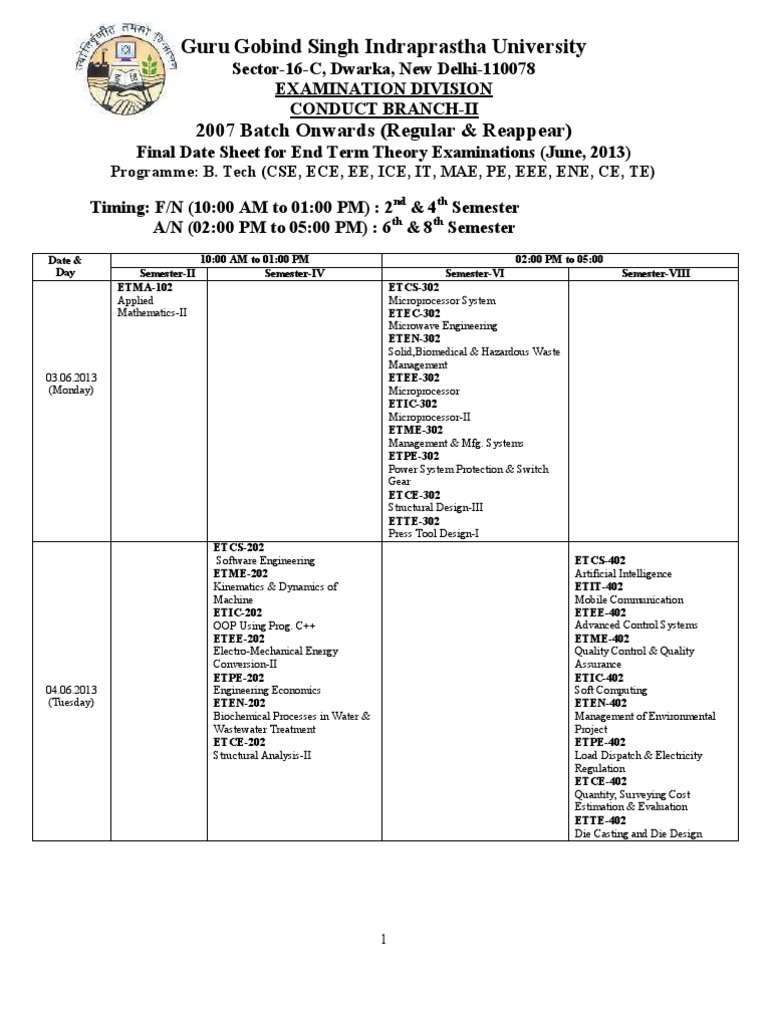 B.tech.-All Branches - Final Date Sheet-June 2013 IPU | PDF | Machines | Engineering