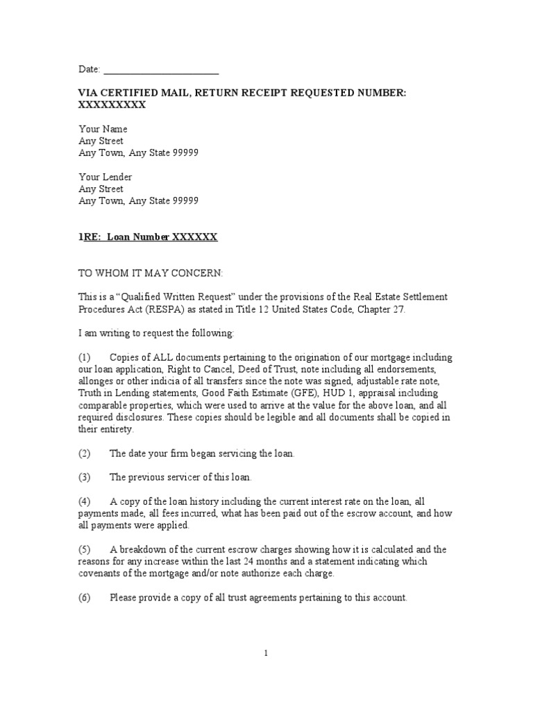 Sample Qualified Written Request Letter | PDF | Real Estate Law | Loans