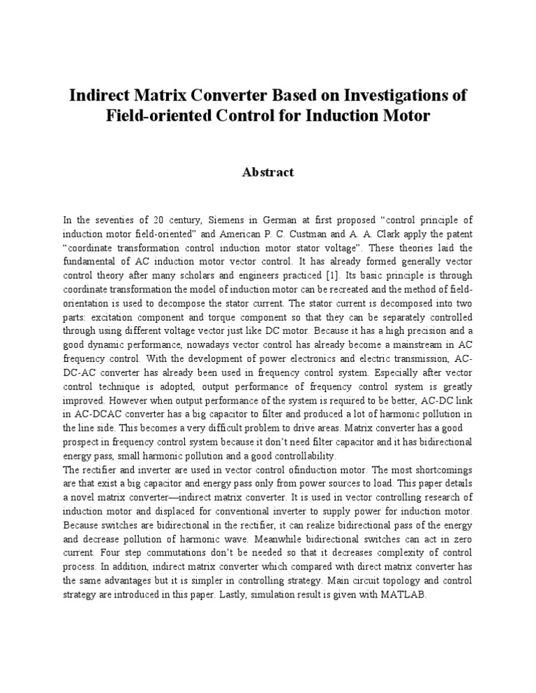 Indirect Matrix Converter Based On Investigations Of Field Oriented Control For Induction Motor