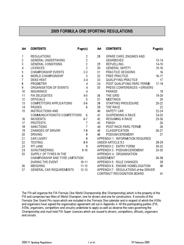 2009 F1 Sporting Regulations Overview | PDF | Formula One | Formula Racing