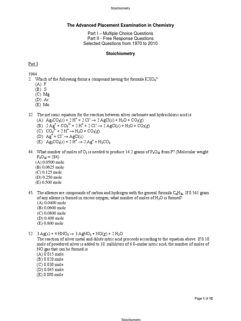 Stoichiometry AP Exam Questions | PDF | Stoichiometry | Mole (Unit)