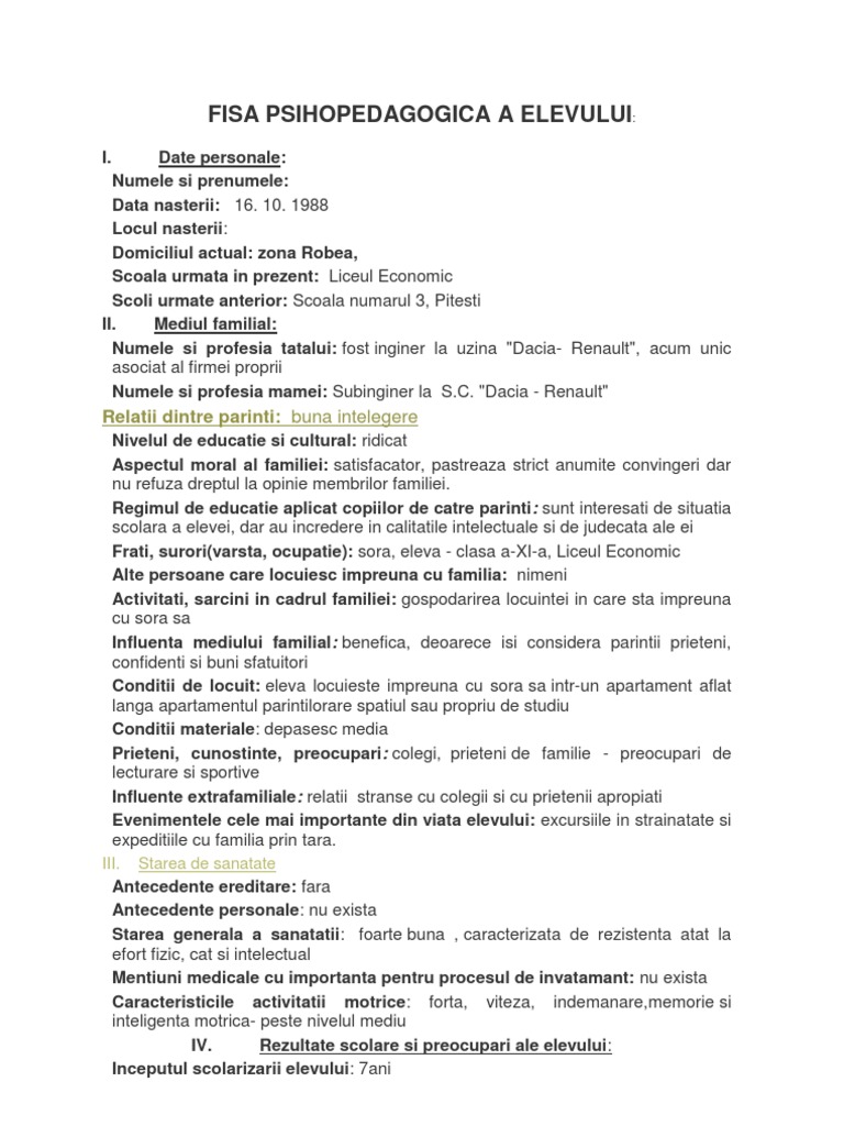 Fisa Psihopedagogica Completata | PDF