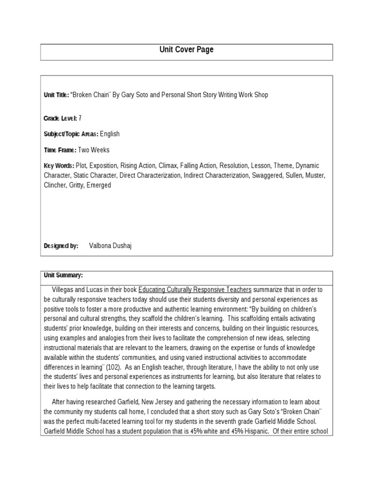 2013 - Broken Chain by Gary Soto UNIT PLAN | PDF | Reading ...