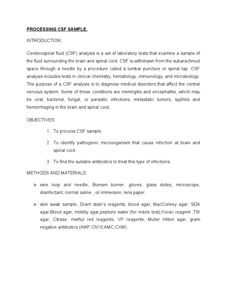 Processing CSF Sample | PDF | Cerebrospinal Fluid | Biology