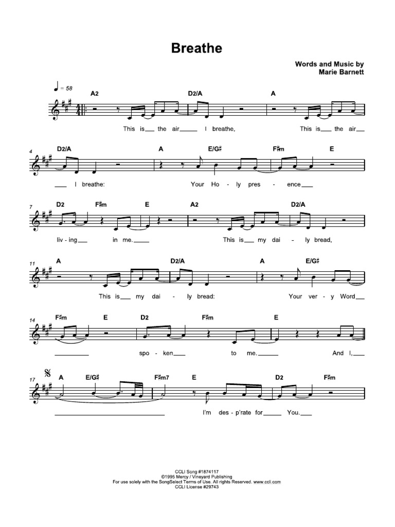 Breathe, Marie Barnett, Sheet Music, Key A | PDF