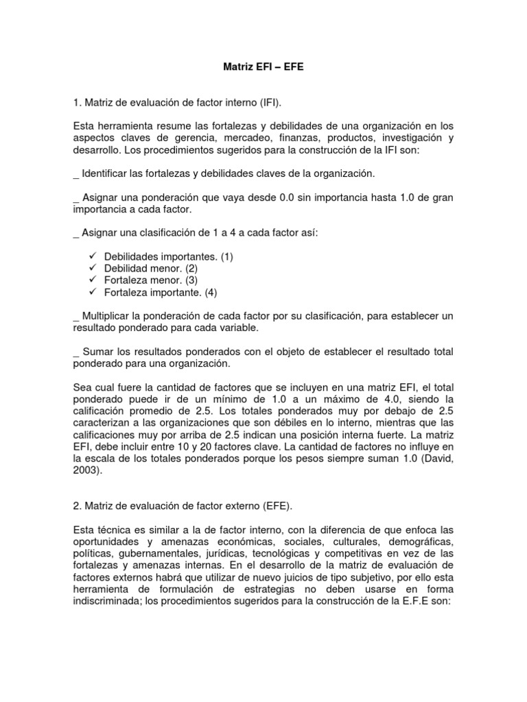 Matriz EFI-EFE: Análisis interno y externo | PDF | Matriz (Matemáticas ...