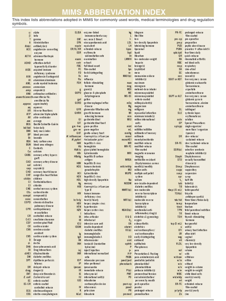 MIMS Abbreviation Index | PDF | Renal Function | Hepatitis