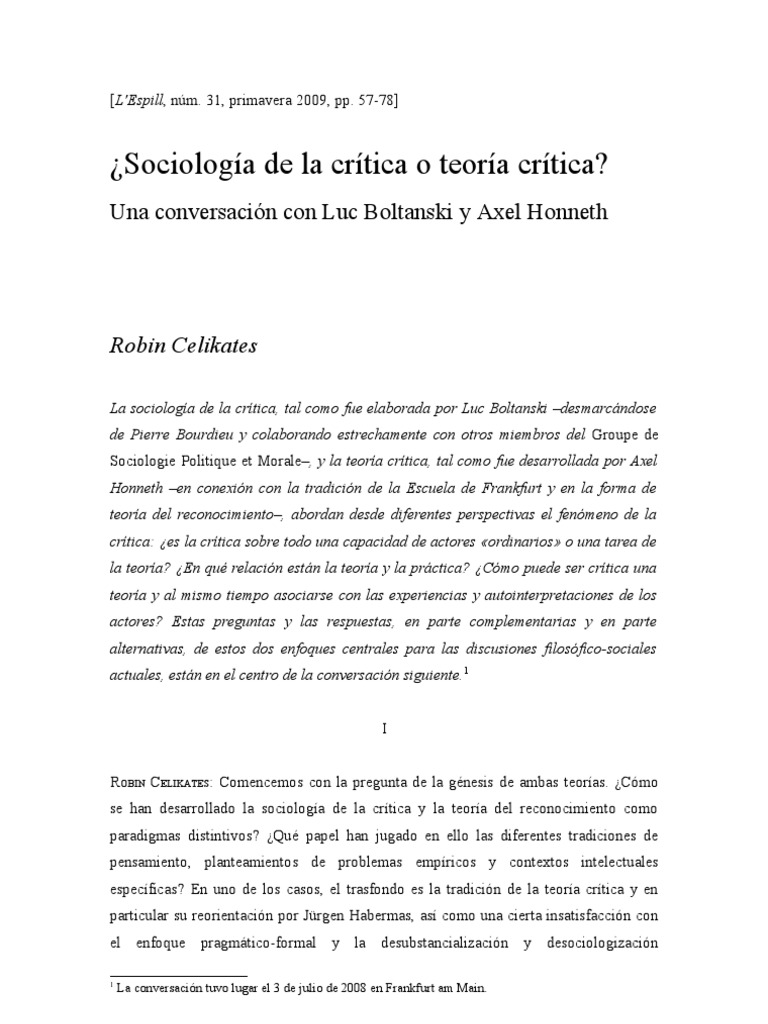 Crítica y Sociología: Boltanski vs. Honneth | PDF | La teoría crítica ...