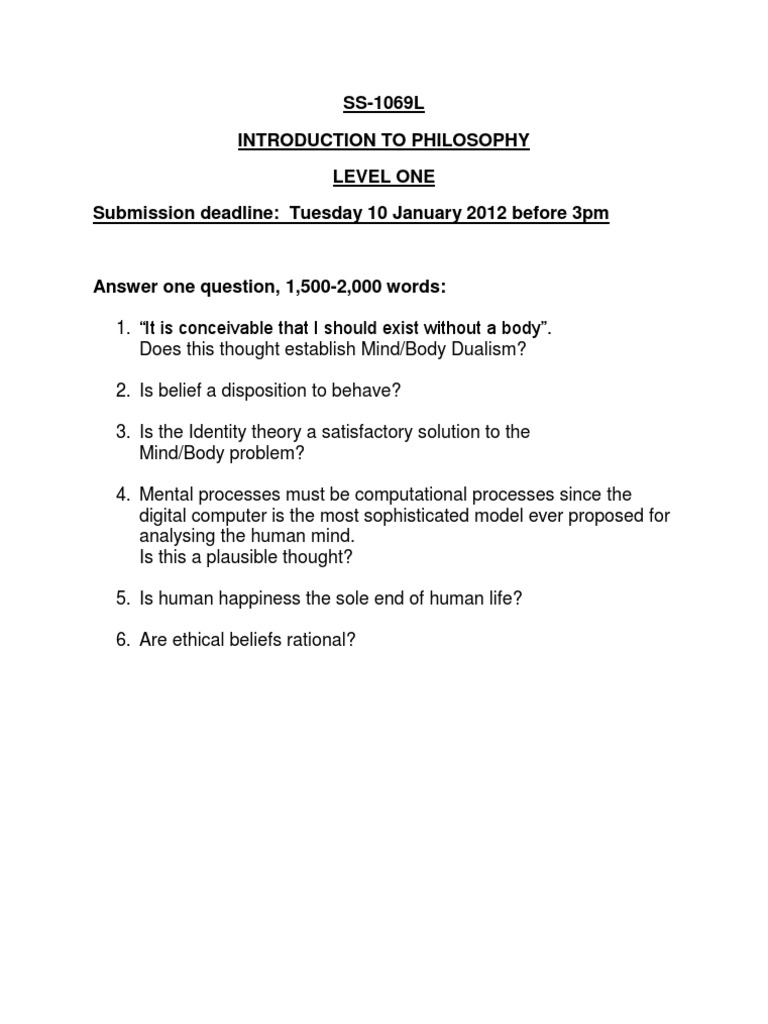 Introduction to Philosophy Essay Questions | PDF