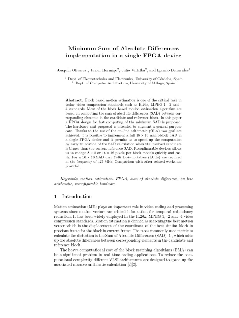 Minimum Sum Of Absolute Differences Implementation In A Single Fpga Device Pdf Field