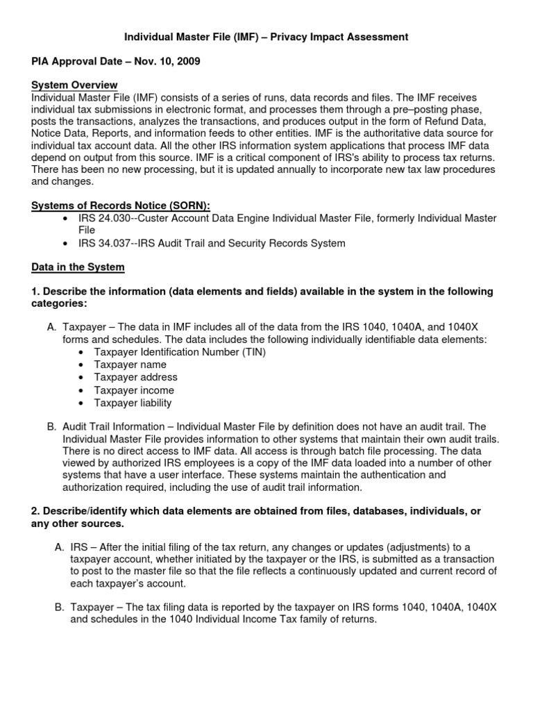 Individual Master File Privacy Impact Assessment | PDF | Irs Tax Forms ...