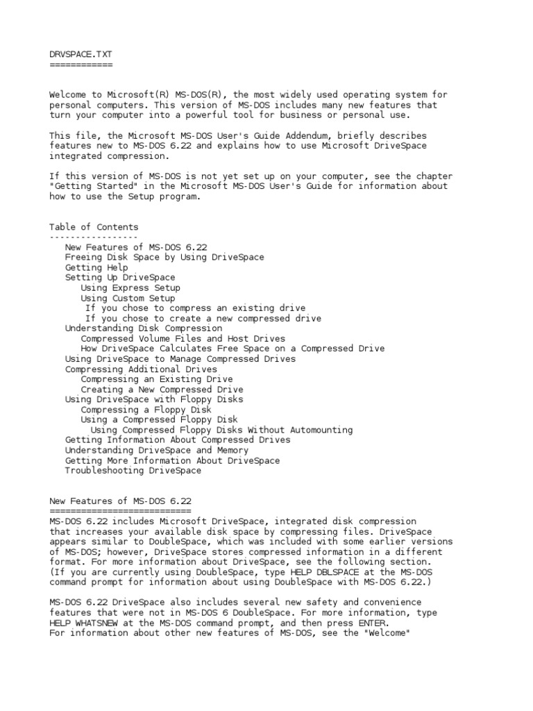 Microsoft MS-DOS User's Guide Addendum (DRVSPACE | PDF | Computer File | Floppy Disk