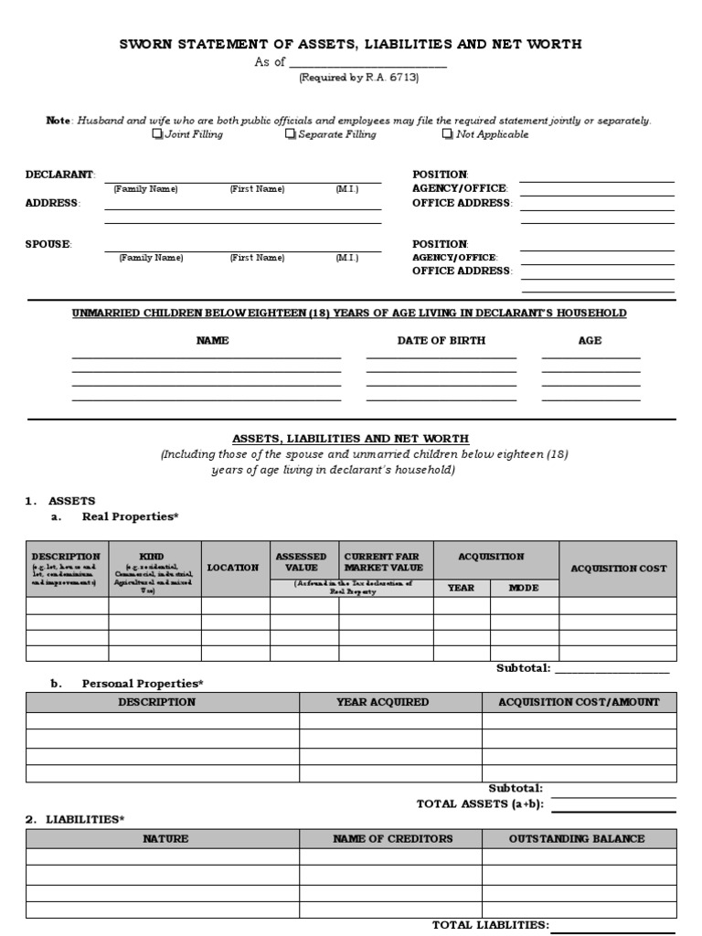 Sworn Statement of Assets - 2013 | PDF | Identity Document | Net Worth
