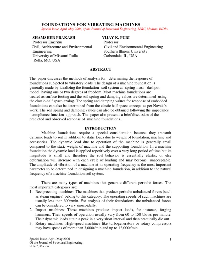 Design of Structures and Foundations For Vibrating Machines PDF | PDF