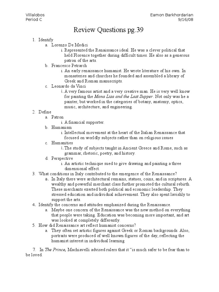 Review Questions Pg. 39 | PDF | Renaissance | Humanism