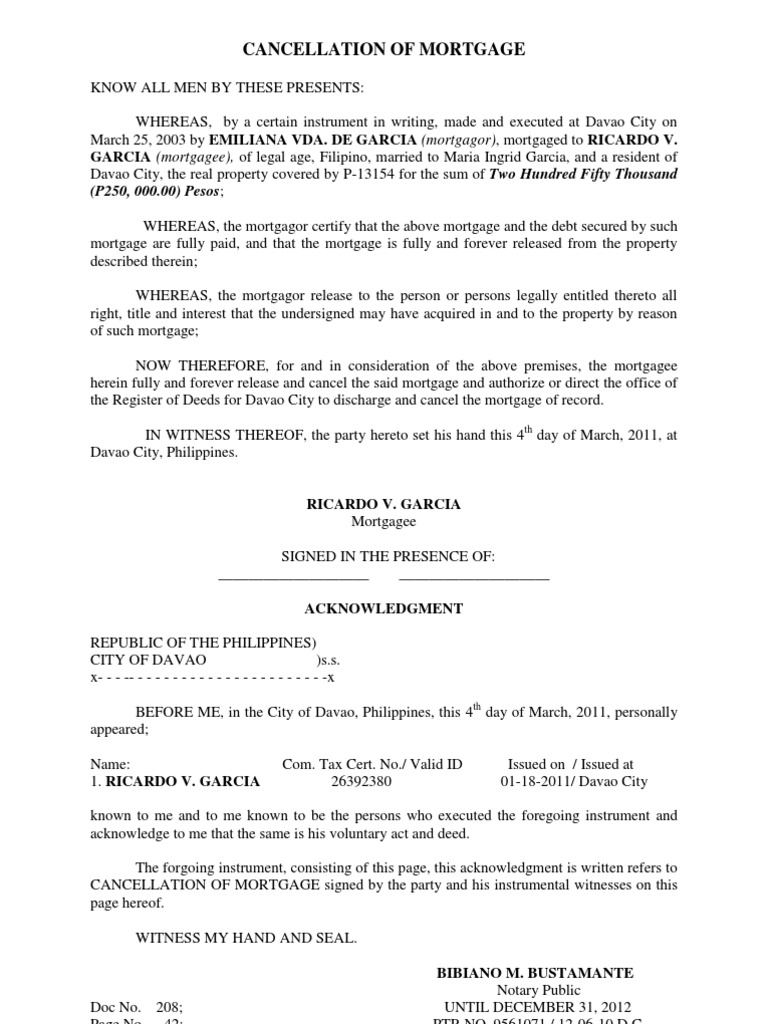 Mortgage Cancellation Document Sample | PDF | Mortgage Law | Civil Law ...