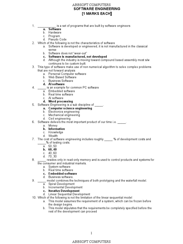 Software Engineering (1 Marks Each | Download Free PDF | Object ...