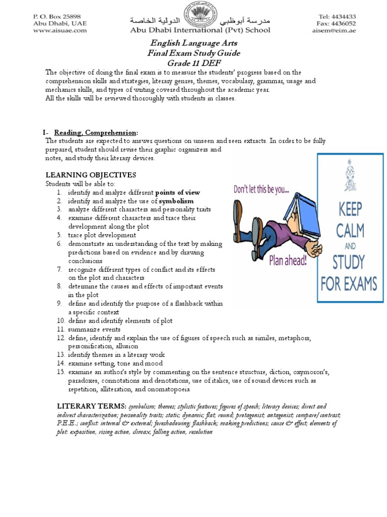 English Language Arts Final Exam Study Guide Grade 11 DEF: I-Reading ...