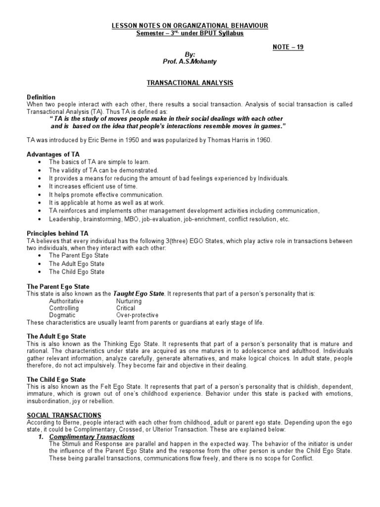 By: Prof. A.S.Mohanty: Lesson Notes On Organizational Behaviour ...