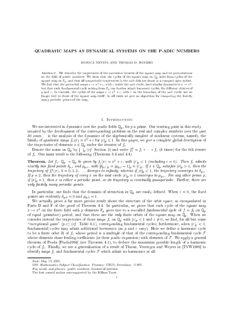 Quadratic Maps As Dynamical Systems On The P Adic Numbers Pdf Ring
