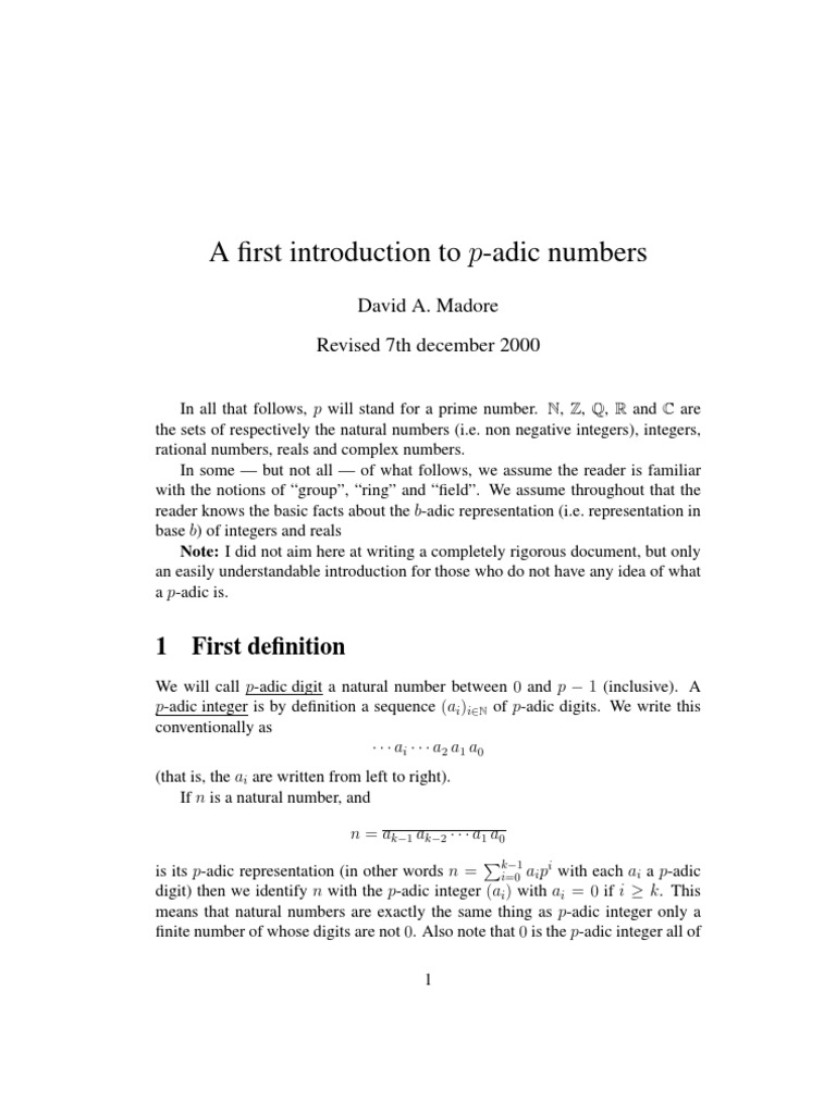 A First Introduction To P Adic Numbers Pdf Rational Number Integer