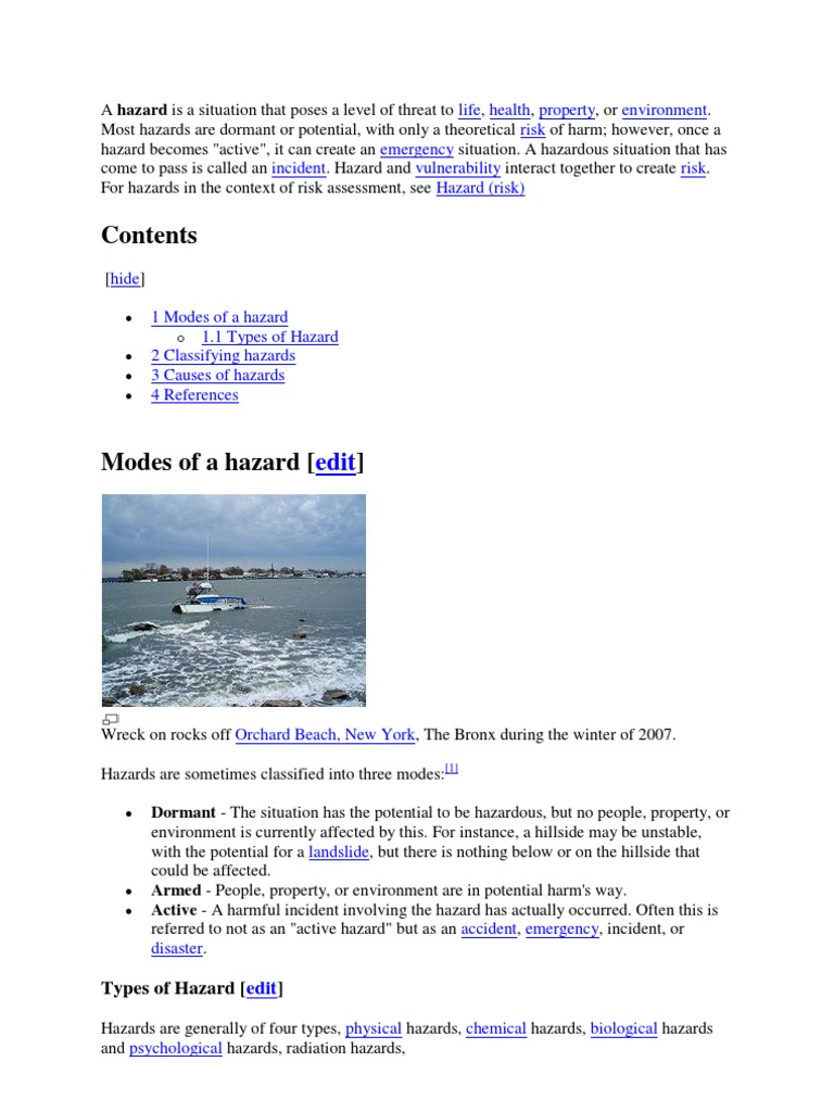 Types of Hazard : Dormant - The Situation Has The Potential To Be ...