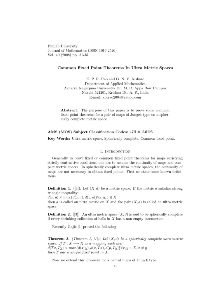 Common Fixed Point Theorems in Ultra Metric Spaces | PDF | Metric Space ...