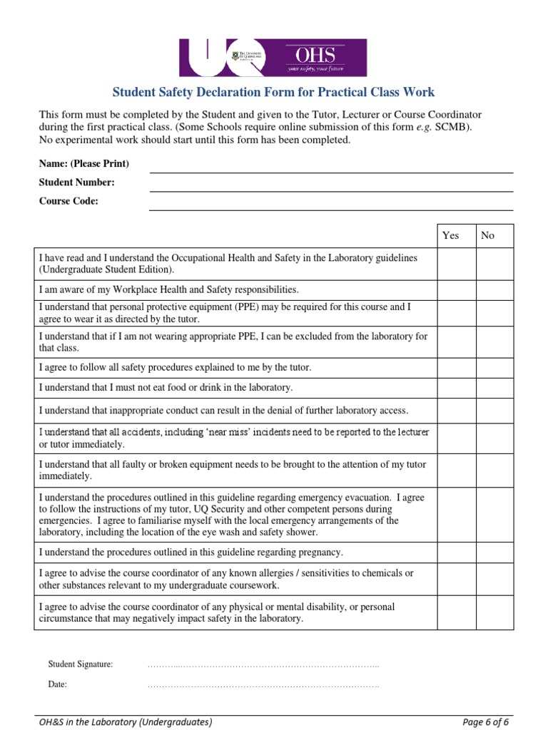 LAB Students Safety Declaration Form | PDF | Science & Mathematics