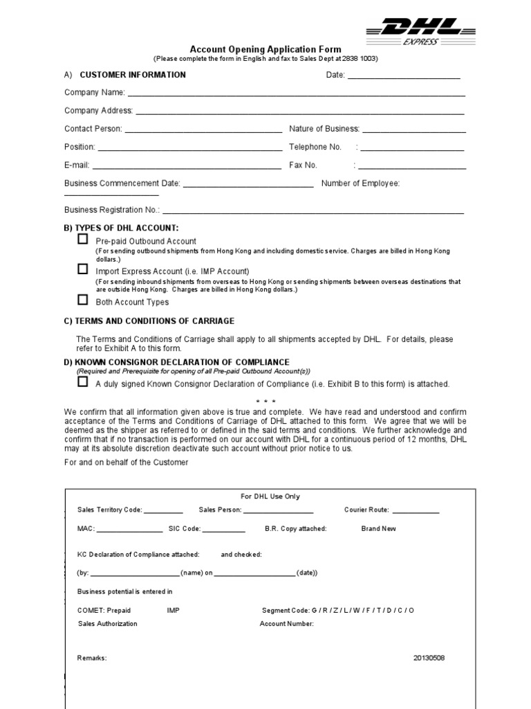 DHL Express Account Open Form HK en | Dangerous Goods | Customs