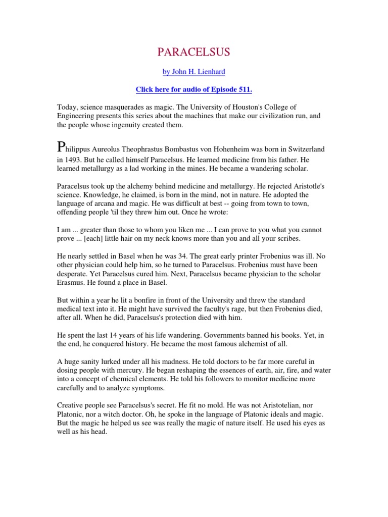 Paracelsus: Click Here For Audio of Episode 511 | PDF | Science