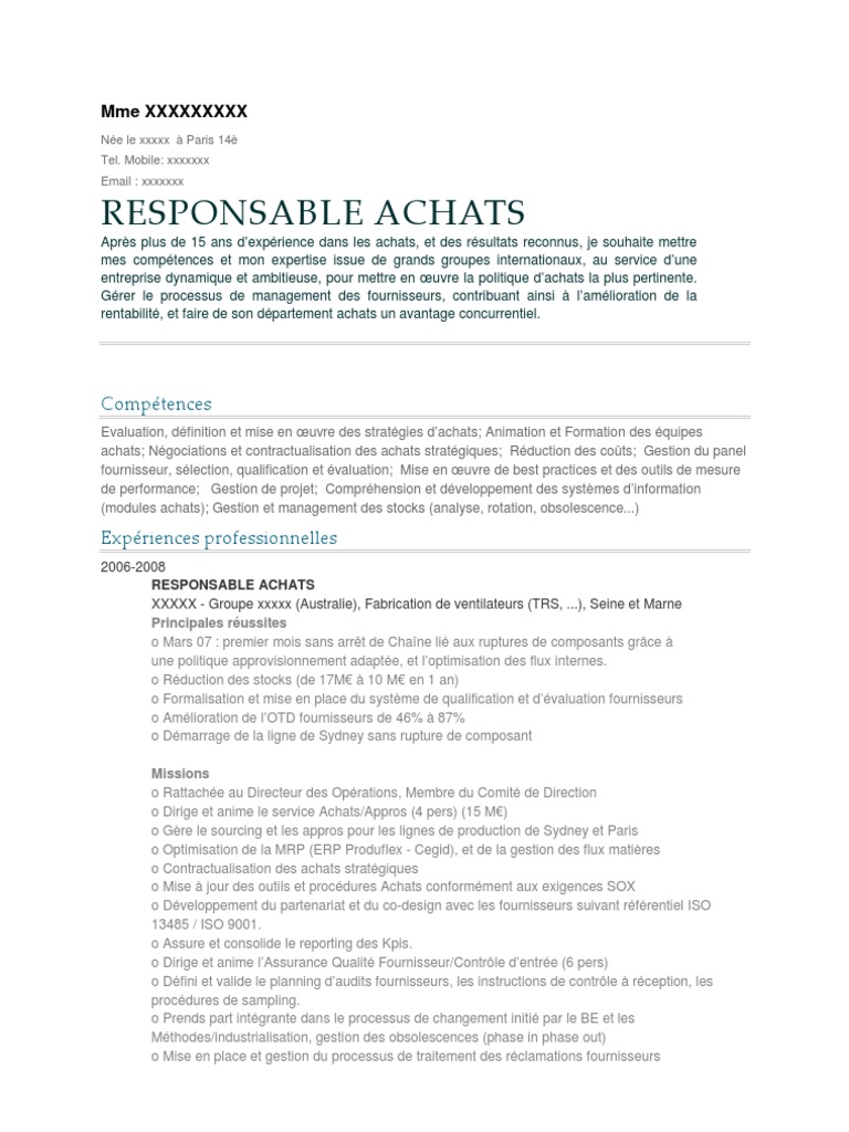 CV Responsable Achats | Management de la qualité | Progiciel de gestion intégré