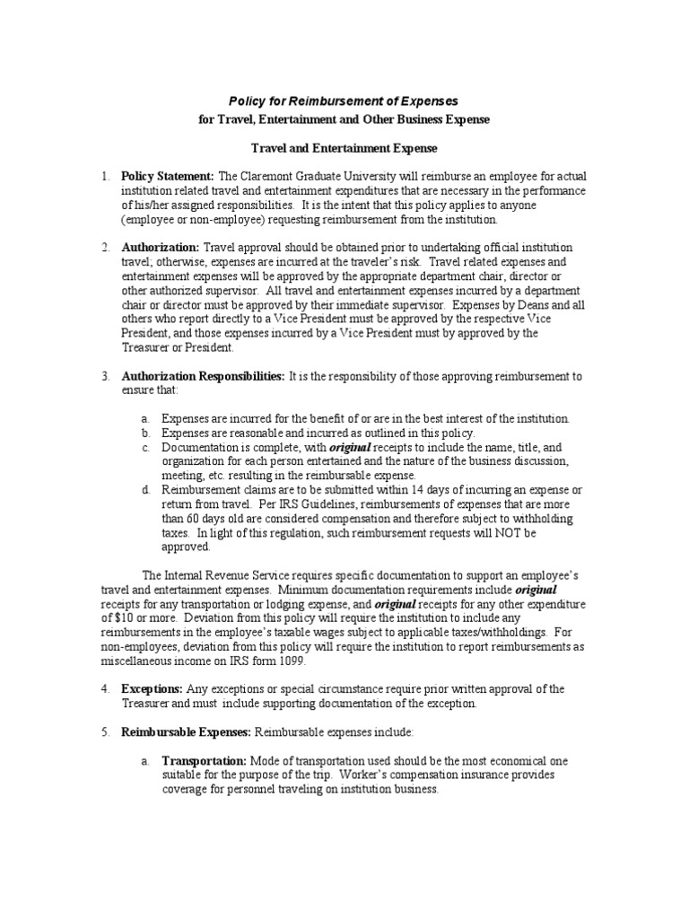 Policy For Reimbursement of Expenses | PDF | Expense | Industries