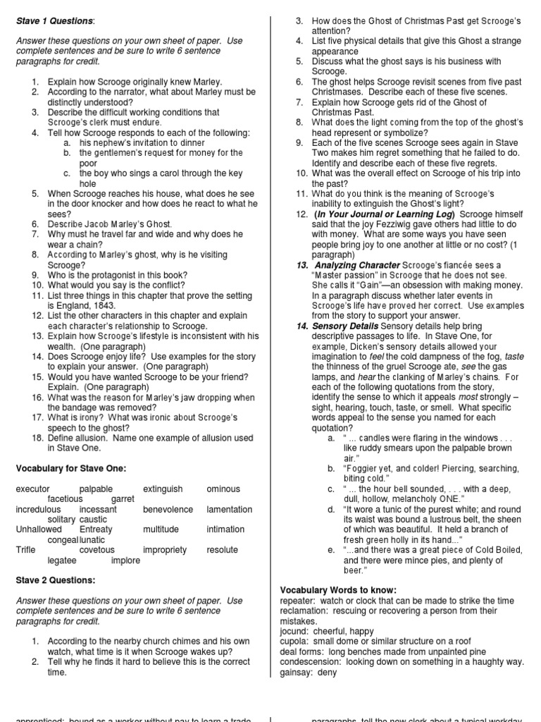 A Christmas Carol Questions (From Elements of Literature Book) | PDF ...