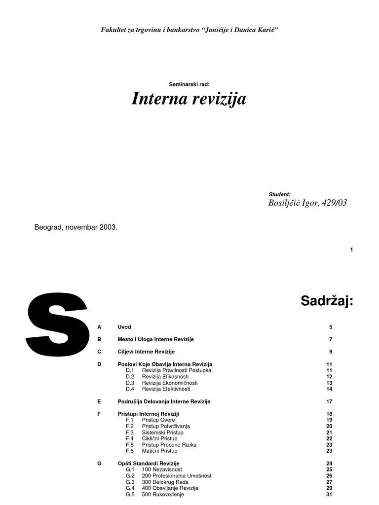 Bosiljčić Igor Seminarski Rad Interna Revizija | PDF
