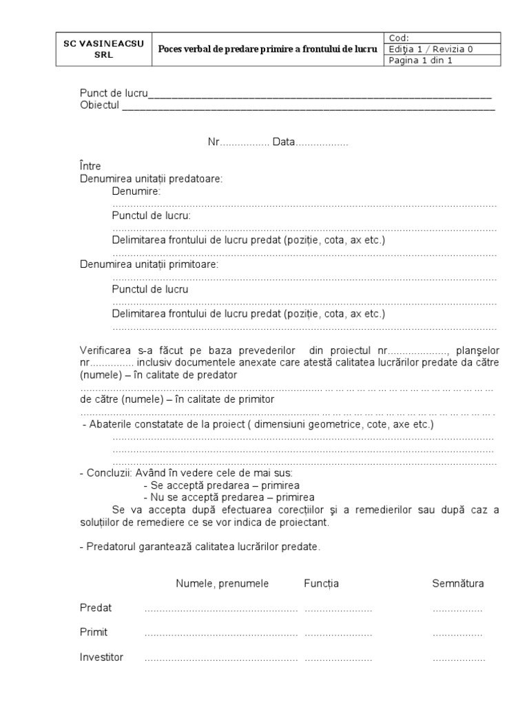 F-05-03 Proces Verbal de Predare-primire a Frontului de Lucru