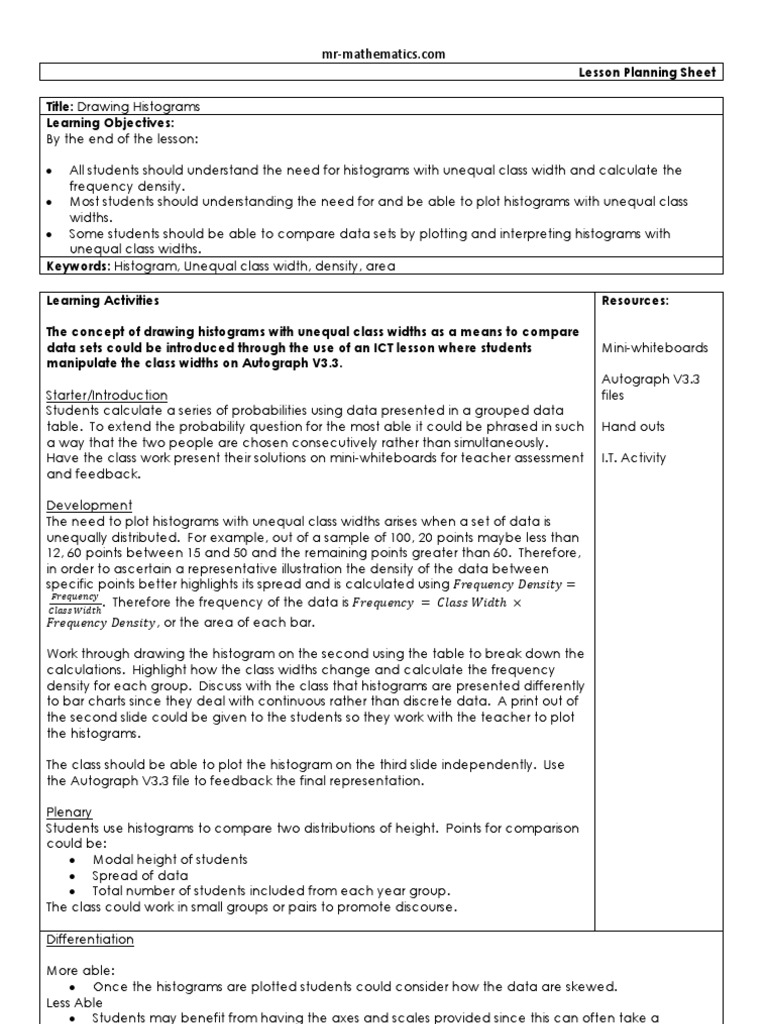 Lesson Planning Histograms Pdf Histogram Learning