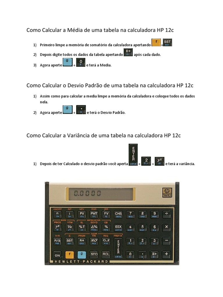 Cálculo de Média, Desvio Padrão e Variância na HP 12c | PDF | Métodos e ...