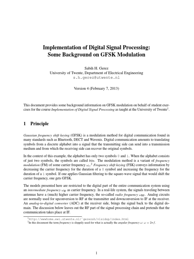 GFSK Modulation Background for DSP Course | PDF | Modulation | Signal ...